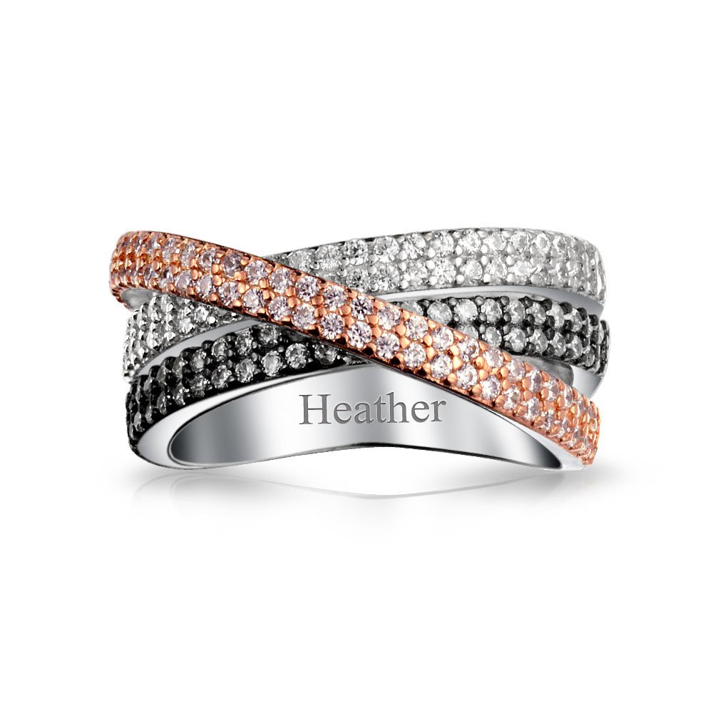 Personalize Tri Color Black White Rose Metal Pave AAA CZ Crossover Criss Cross Faux Stacking Eternity Bands Statement Cocktail Triple Band Rollover Ring or Women Sliver Plated Customizable