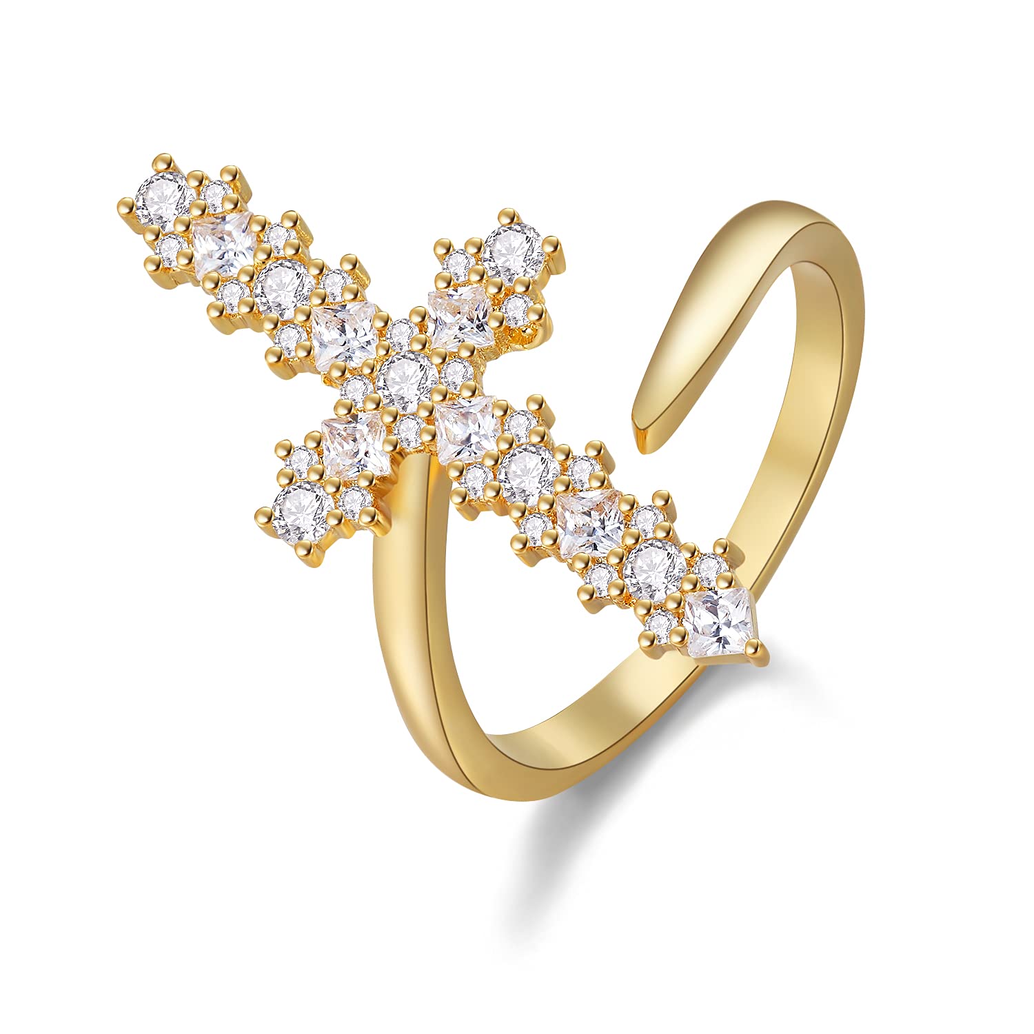 VIENNOIS Cubic Zirconia Cross Rings for Women Men,Adjustable Cubic Zirconia Wrap Open Ring Statement Jewelry(Gold/Silver)