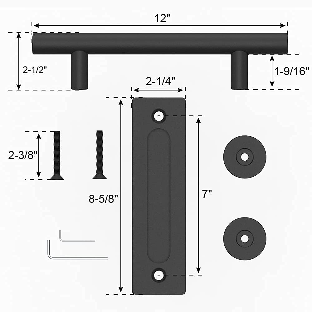 WINSOON 8FT Sliding Barn Wood Door Hardware Cabinet Closet Kit with 2PCS 12 Inch Sliding Barn Door Handles Black Hardware with Pull and Flush Barn Door Handle Set