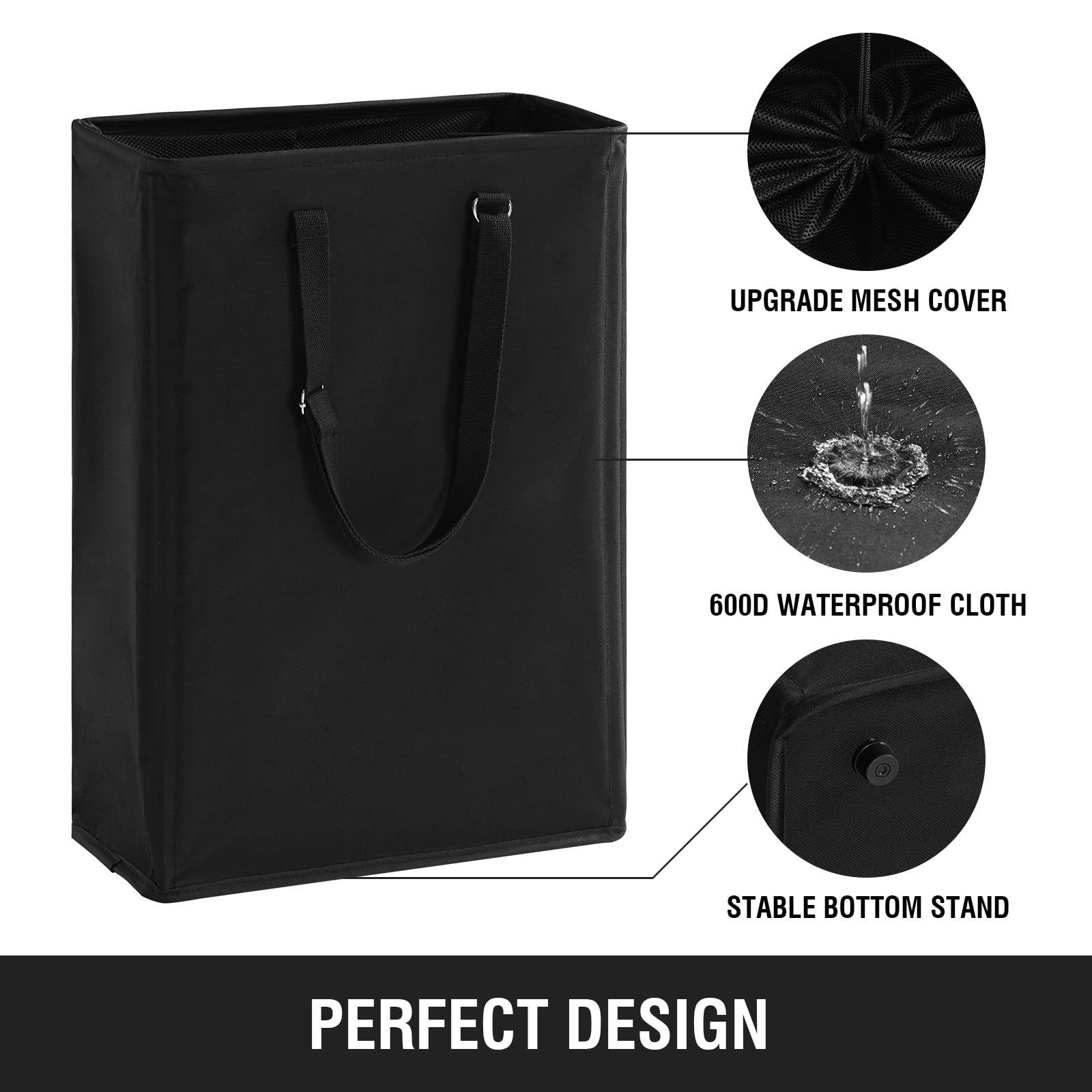 Slim Laundry Hamper with Adjustable Long Handles, 45L Small Laundry Baskets with Mesh Top, Narrow Dirty Clothes Hamper for Bedroom, Closet, and Bathroom - Black