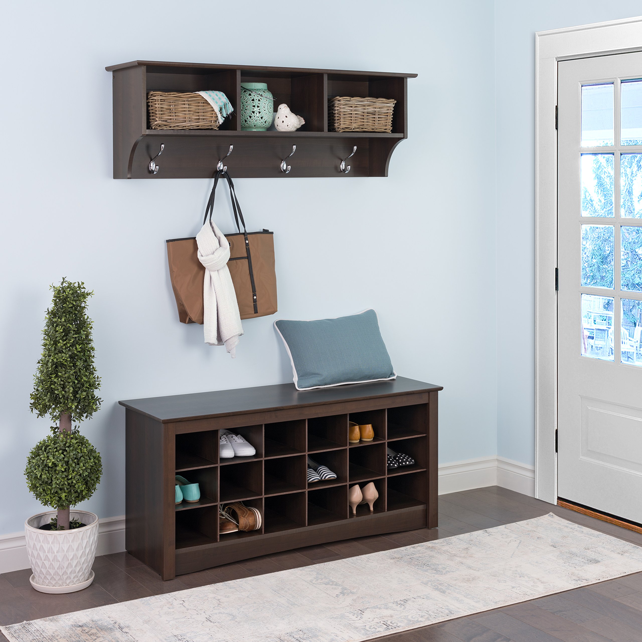 Prepac 24 Pair Shoe Storage Cubby Bench, Espresso & Entryway Cubbie Shelf, Espresso