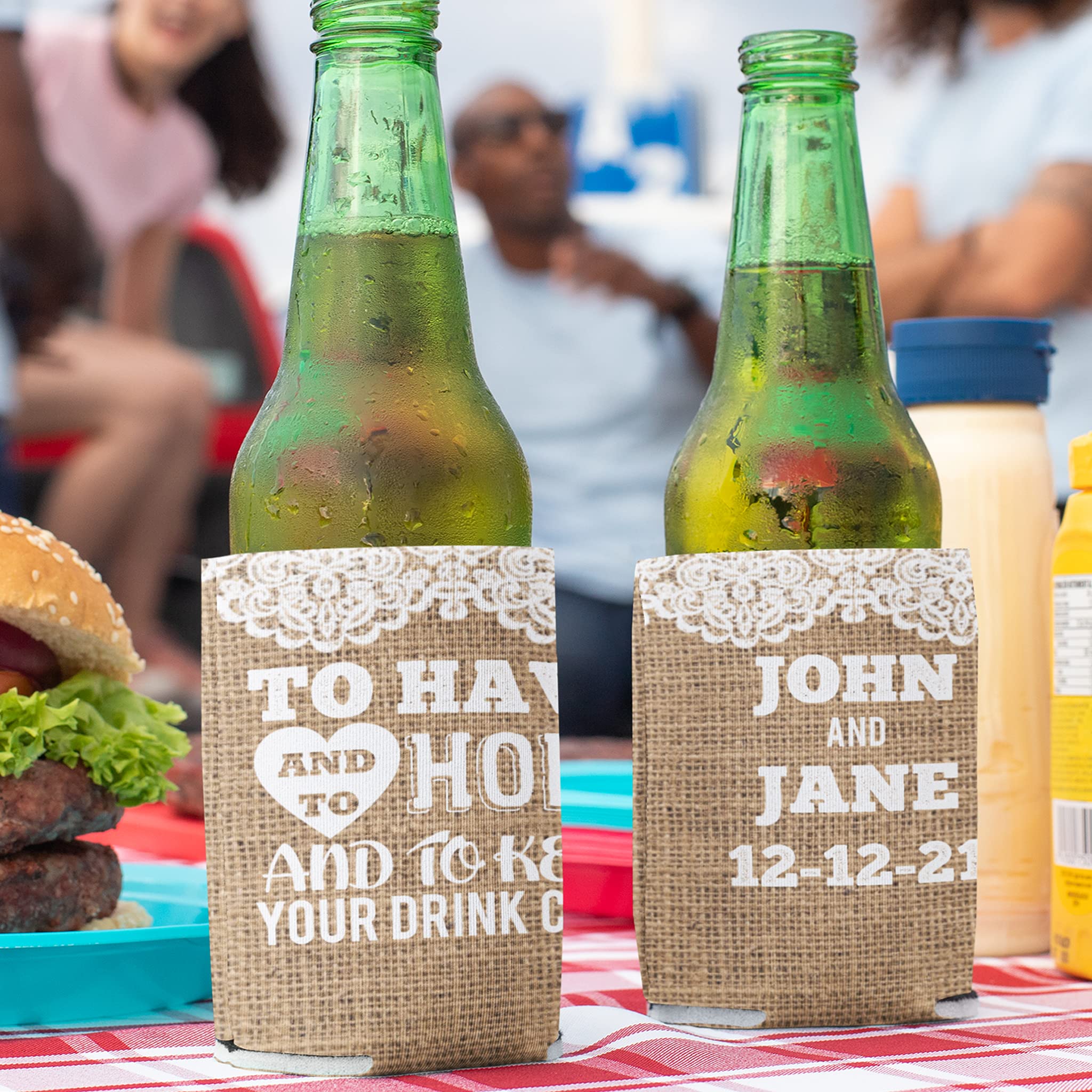 VictoryStore Can and Beverage Coolers: Custom Rustic Burlap To Have And To Hold Wedding Can Coolers (150)
