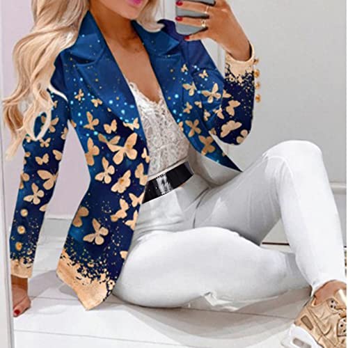 Womens 2PC Casual Fashion Printed Thin Jacket Slim Coat Long Sleeve Blazer Office Office Suits for Women Two Piece Set Blue