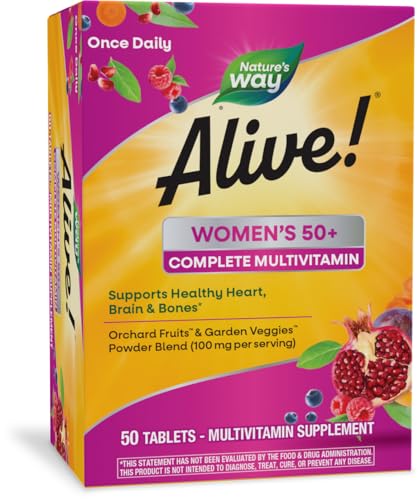 Nature's Way Alive! Women's 50+ Complete Multivitamin, Supports Healthy Heart, Brain, Bones*, B-Vitamins, Gluten-Free, 50 Tablets (Packaging May Vary)