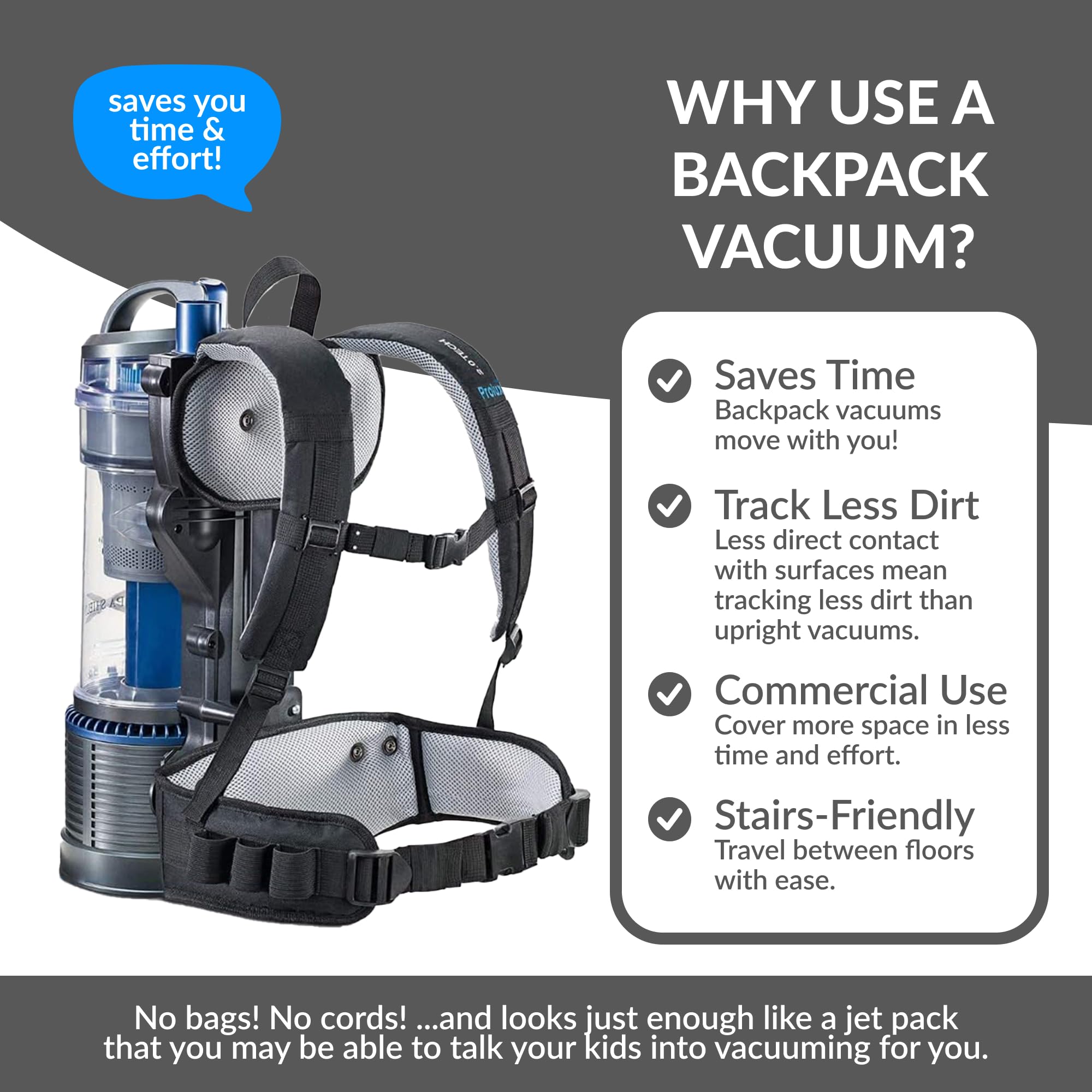 Prolux 2.0 Standard Bagless Backpack Vacuum Cleaner, Lightweight & Comfortable for Residential & Industrial Use, Double HEPA Filtration, Multiple Attachments, Padded Straps