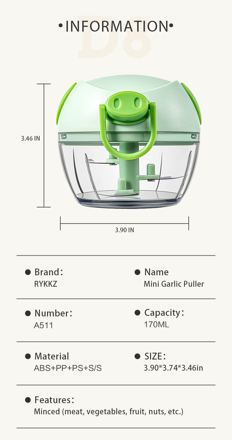 RYKKZ Garlic Press Small - Multi -Functional MIni Vegetable Processor-180ML,Can Chop Several Cloves Of Garlic At Once,Very Suitable For Chopping Garlic,Chili, And Peanut Onion, And Nuts.