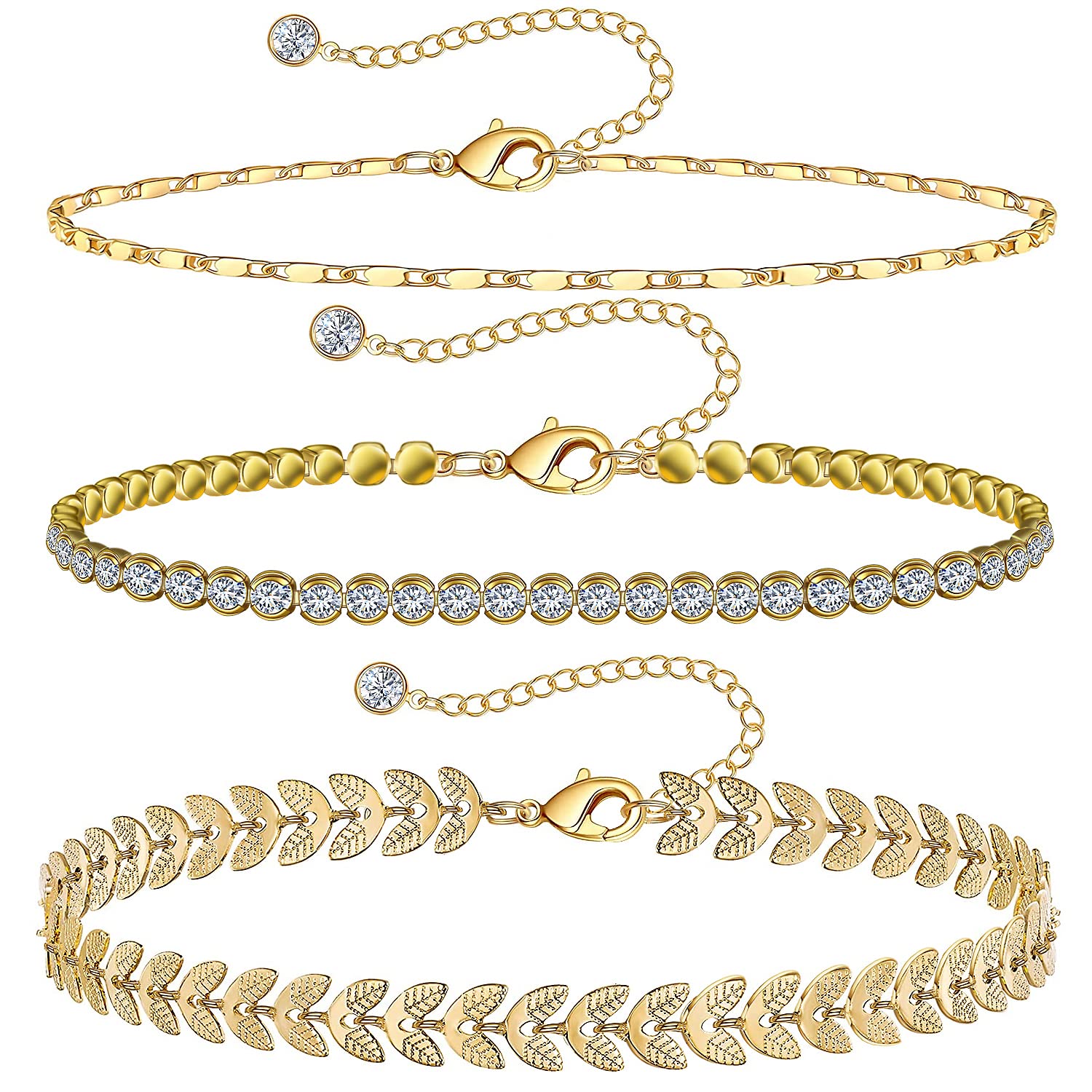 Tennis Gold Ankle Bracelets for Women 14k Gold Plated Anklet Gold Crystal Cubic Zirconia Rhinestone Anklet Leaf Handmade Chain Dainty Layered Anklet Set 3Pcs