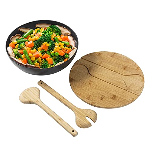 Webbylee Large Salad Serving Bowls with Tongs, Mixing Bowl with Servers with Nature Bamboo Lid Spoon and Fork for Salads, Fruits and Vegetables, Dishwasher Safe, BPA free (Dark grey)