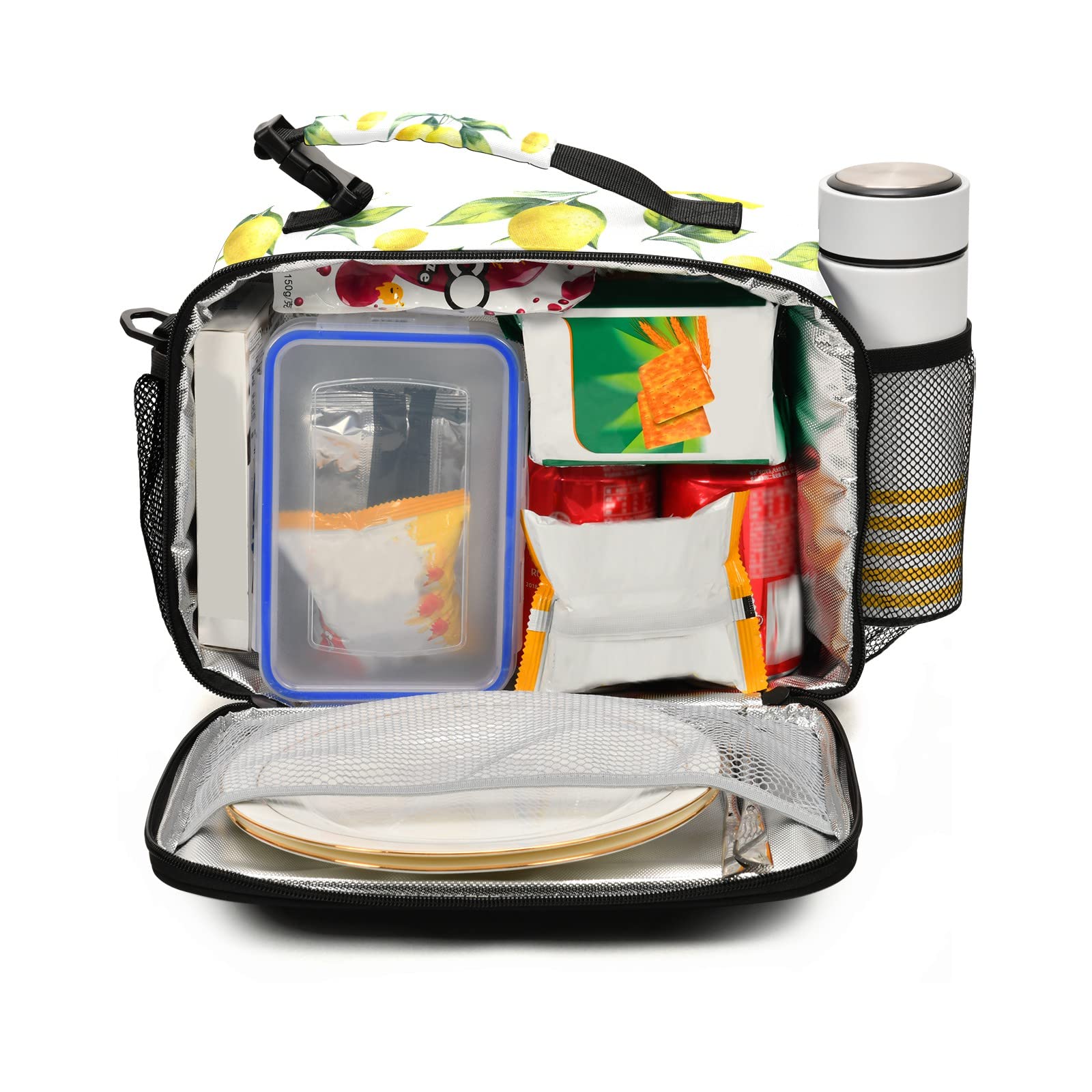 VIGTRO Vintage Lemon Spring Lunch Bag, Leak-proof Durable Lunch Box with External Mesh Bottle Holder, Reusable Insulated Lunchbox Tote/Cooler Bag for Kids Age Over 3 Years Old