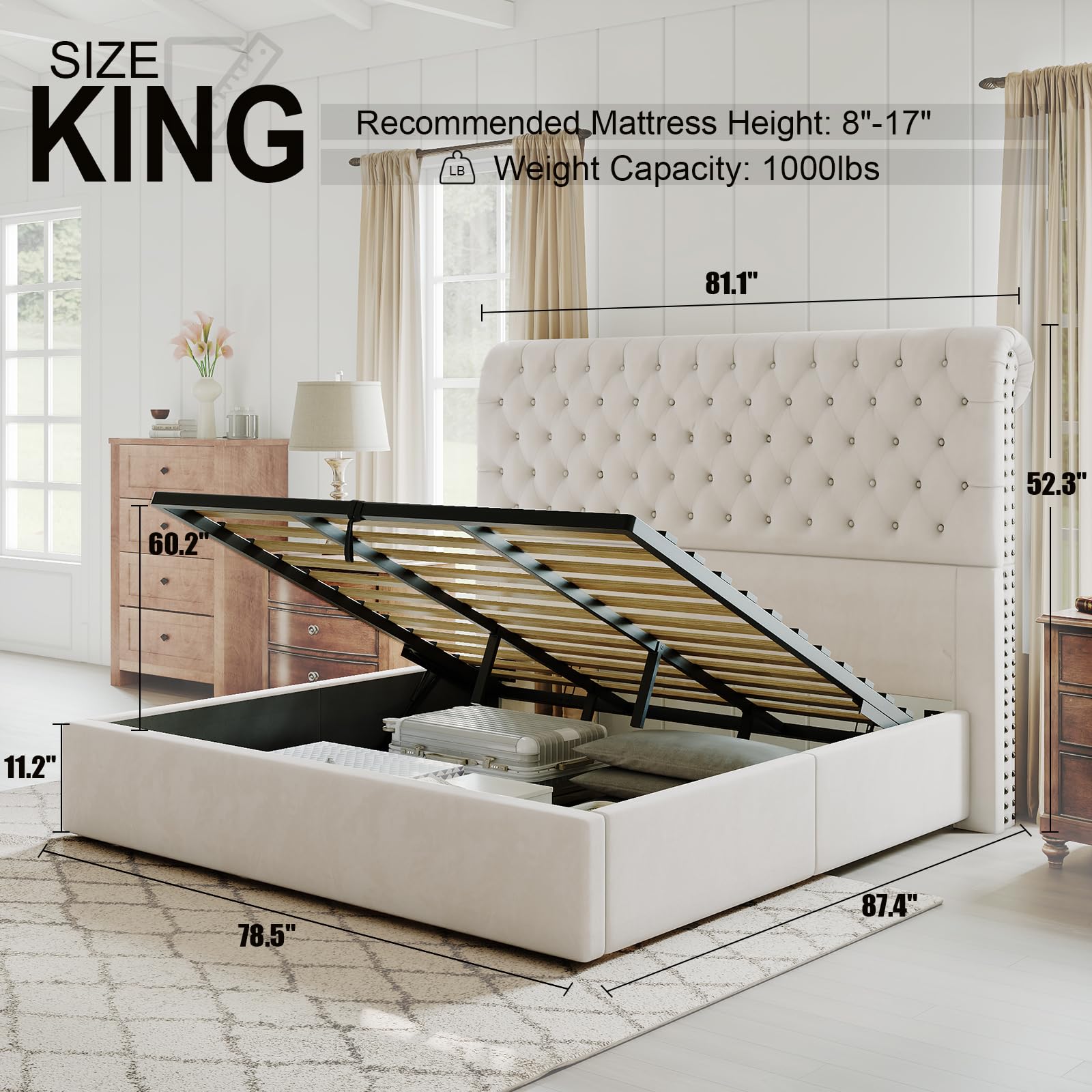 PaPaJet Lift Up Storage Bed King Size Bed Frame with Headboard Upholsterd Sleigh Bed Storage Underneath/No Box Spring Needed/Easy Assembly/Cream