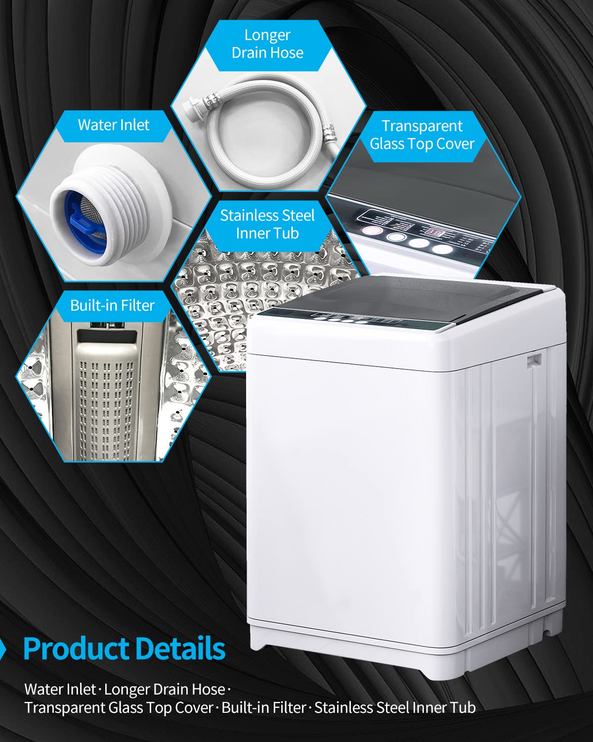TABU Full-Automatic Washing Machine, 17.6lbs Portable Washing Machine with Dryer, 1.7 Cu Ft 2 in 1 Portable Washer with Drain Pump, 10 Wash Programs, LED Display, 8 Water Levels (White)