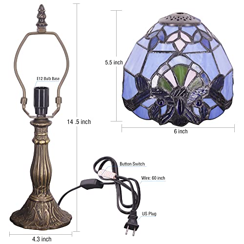 RHLAMPS Small Tiffany Lamp Mini Accent Table Lamp Blue Stained Glass Baroque Style Desk Memory Lamp Sympathy 6X14.6 Inch