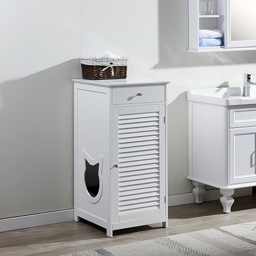 Penn-Plax Cat Walk Furniture: Contemporary Home Cat Litter Enclosure - Storage Drawer, Inner Shelf, and Shutter Style Door - White
