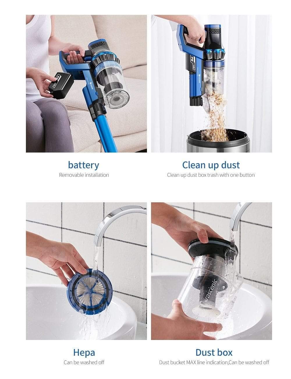 Proscenic P10 Cordless Vacuum Cleaner, 22000Pa Powerful, LED Touch Screen, 4 Adjustable Suction Modes, Removable Battery, 4-in-1 Handheld for Carpet Hard Floor Car Pet Hair, Blue