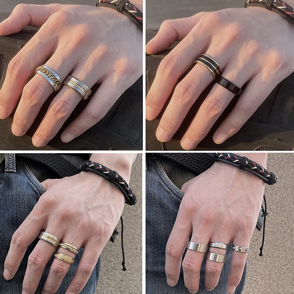 Simple Stainless Steel Band Rings for Women Men Size 7, Cool Silver Men's Ring Pack, Plain Black Wedding Pormise Band Ring Set Size 7
