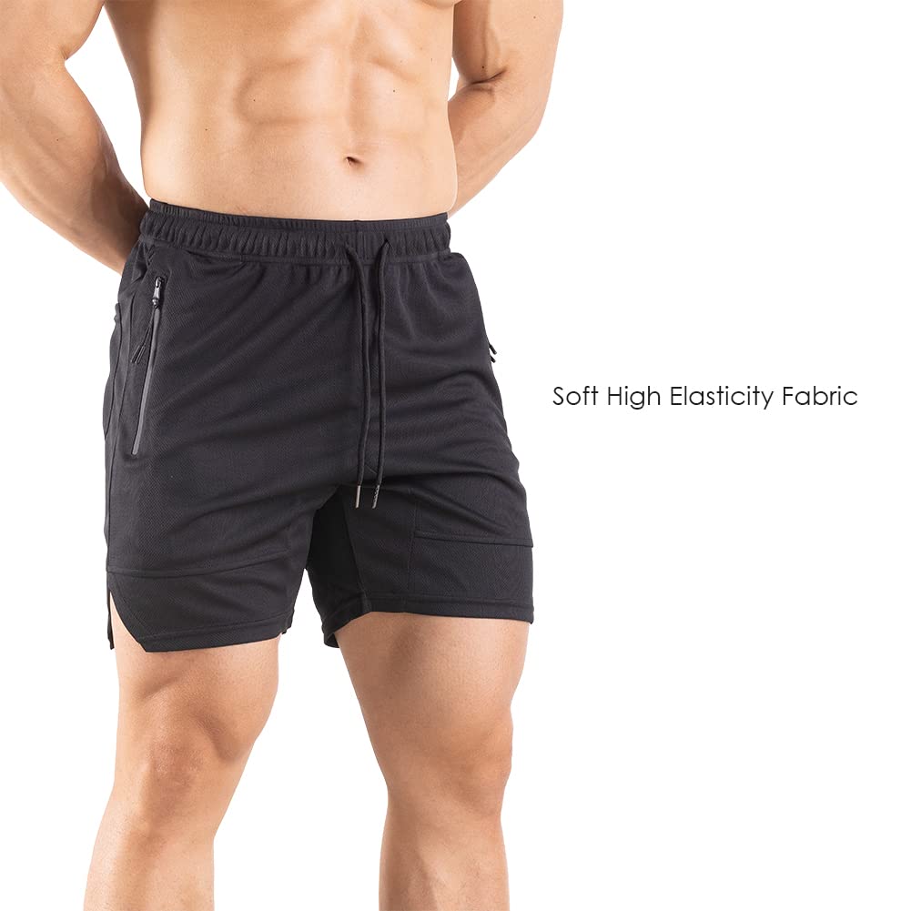 VPOS Men's 5" Gym Workout Shorts with Zipper Pockets,Dry Fit Mens Mesh Athletic Shorts for Running Bodybuilding and Training Black/Gray,Medium