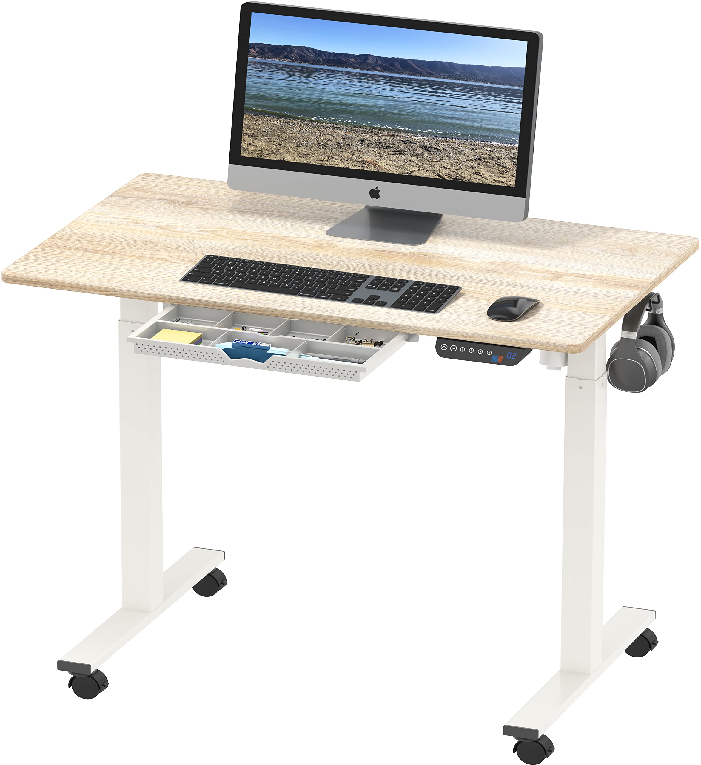 SHW Electric Height Adjustable Mobile Rolling Standing Desk Workstation, 40 x 24 Inches, Maple