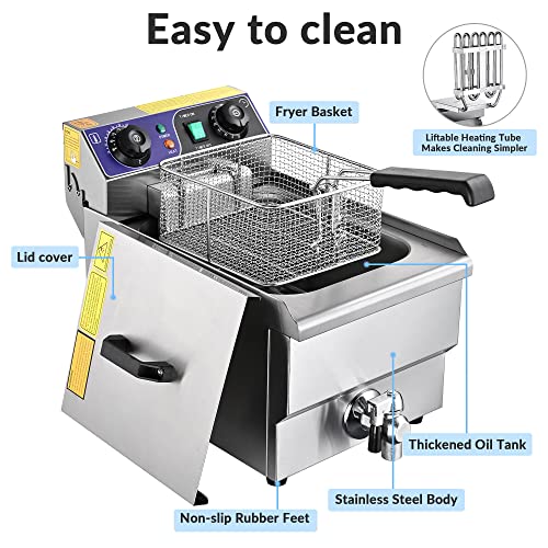 WeChef Commercial Deep Fryer 11.7L Stainless Steel Basket Single Tank Timer Drain Electric Countertop Restaurant Fryer