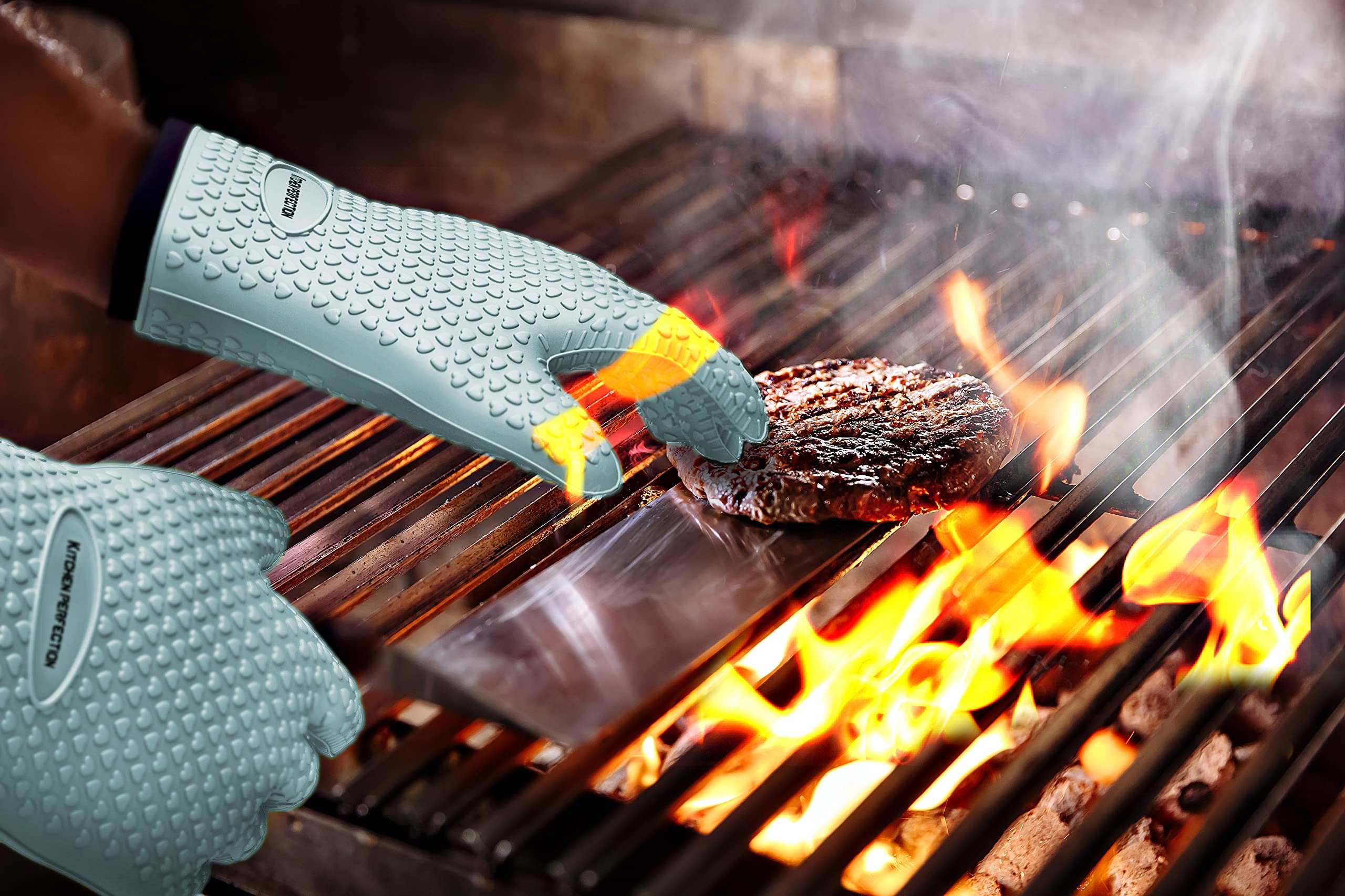 XL Aqua Silicone Smoker Oven Gloves + Meat Cleaver Kitchen Knife -Professional 7" Serbian Chef Knife