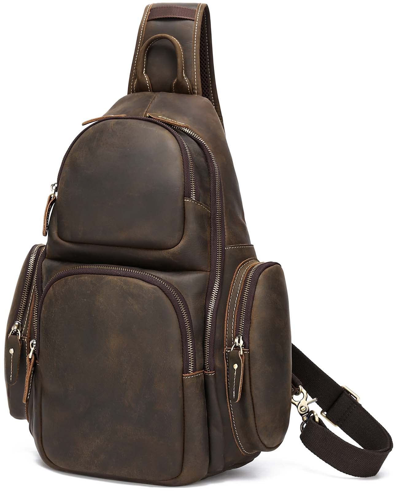Taertii Full Grain Genuine Leather Sling Bag, Fits 14 inch Laptop, Travel Chest Crossbody Shoulder Sling Backpack Purse Daypack 17L - Brown