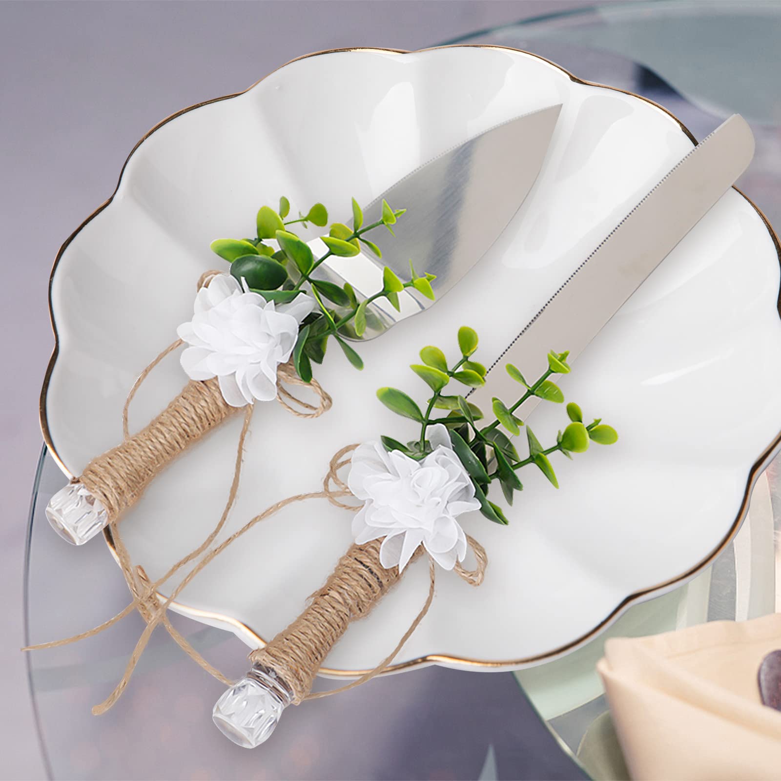 Wedding Cake Knife and Server Set of 2, Rustic Style Stainless Steel Bride and Groom Cake Cutting Utensils with Eucalyptus Leaves and White Roses, Pie Cake Pizza Shovel Cutter, A