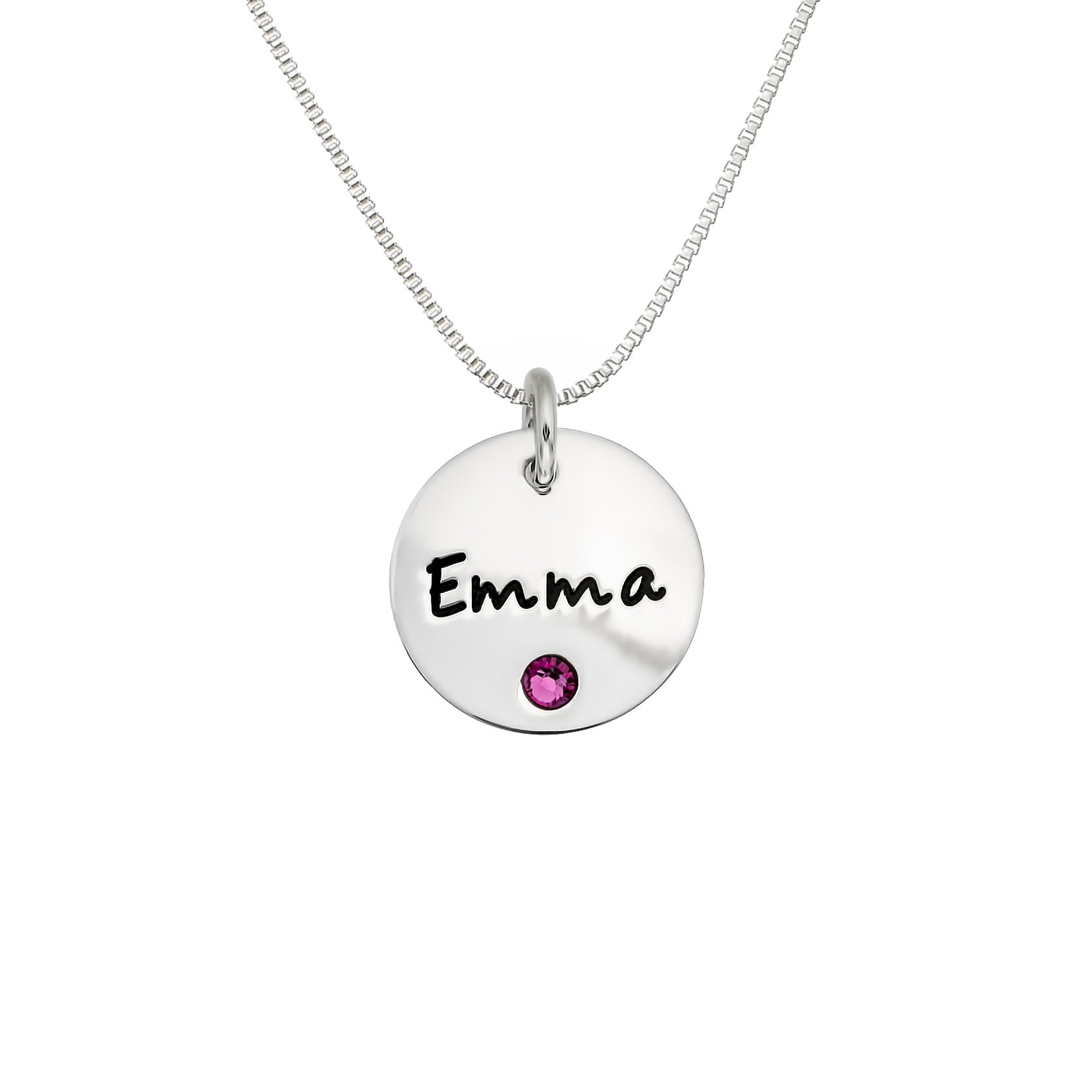 Personalized Sterling Silver Round Name Charm Necklace with Choice of SwarovskiÂź Birthstone Setting.