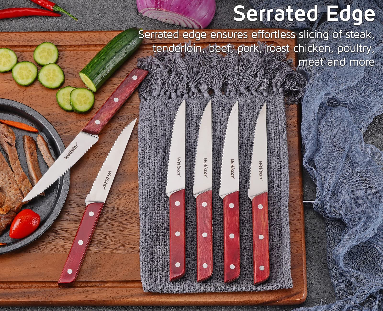 WELLSTAR Serrated Steak Knife Set of 6, Ultra Sharp Japanese Stainless Steel 4.5 inch Blade and Full Tang Pakkawood Handle Dinner Table Knives Pack for Home Kitchen Restaurant โ Triple Riveted