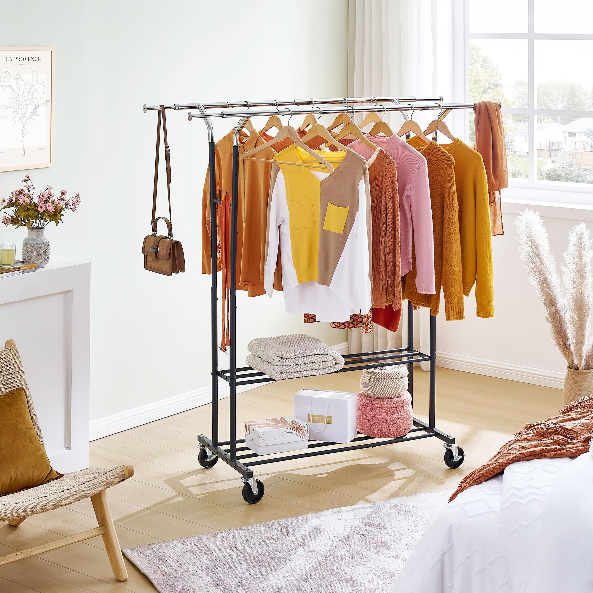 Tajsoon Heavy Duty Clothing Rack Extensible Double Rods with 2 Shelves, Rolling Clothes Rack with Wheels, Rolling Garment Racks for Hanging Clothes Load 250LBS, Clothes Hanging Rack Black