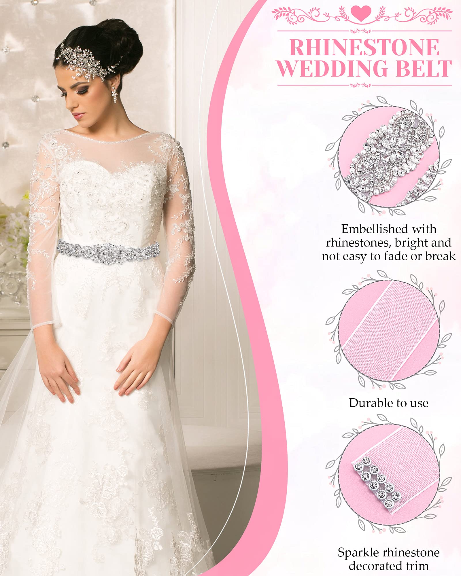 Sintege 3 Pcs Rhinestone Wedding Dress Belts Crystal Bridal Sash Belts Diamond Ribbon Belts for Women Bridal Bridesmaid