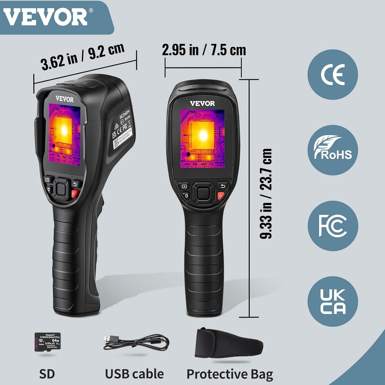 VEVOR Thermal Imaging Camera, 240x180 IR Resolution with 2MP Visual Camera, 20Hz Refresh Rate Infrared Camera with -4℉~1022℉ Temperature Range, 64G Built-in SD Card and Rechargeable Li-ion Battery