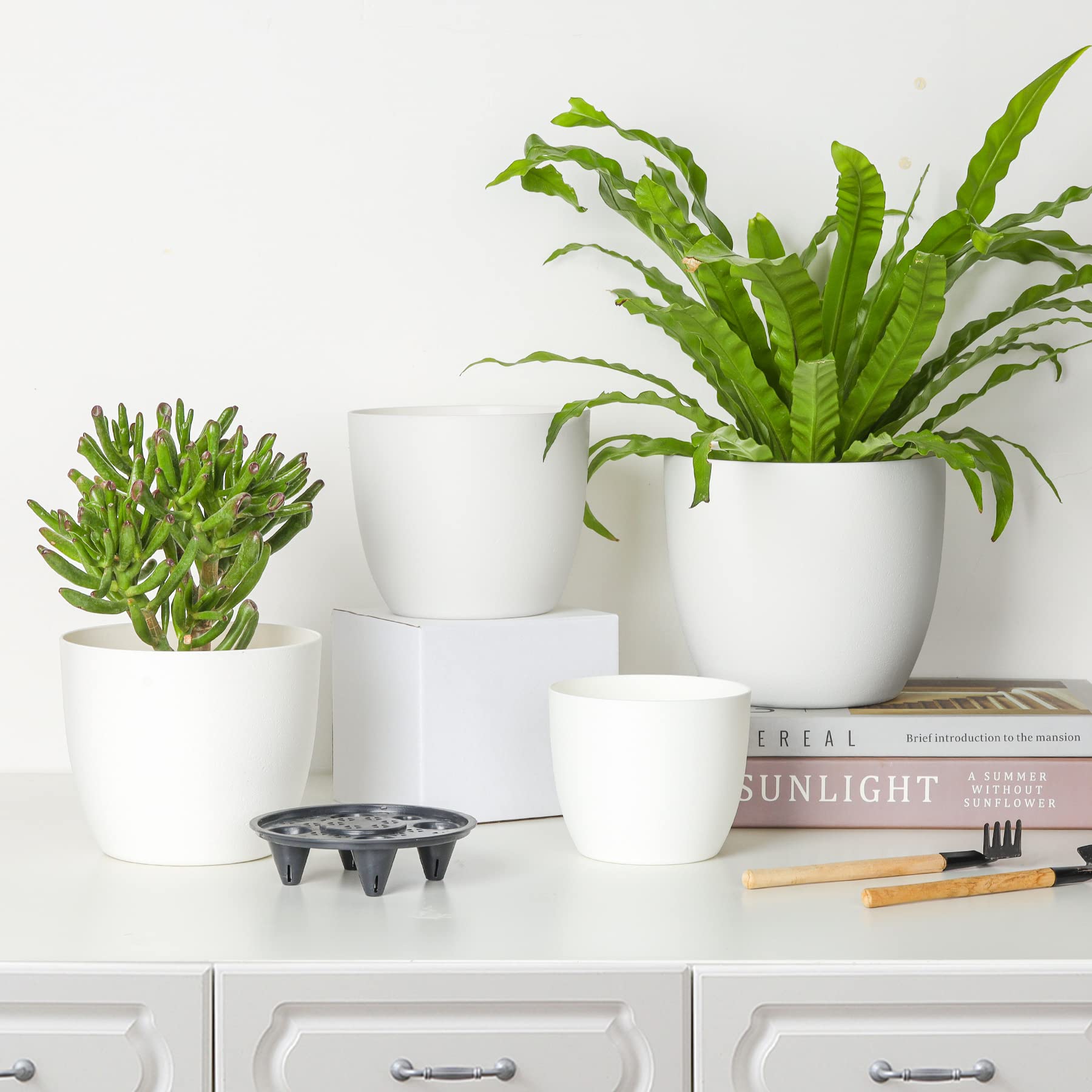 T4U 5 Inch Self Watering Planters Plastic Plant Pot, Modern Decorative Flower Pot/Window Box for All House Plants, Flowers, Herbs, African Violets, Succulents - White, Set of 6