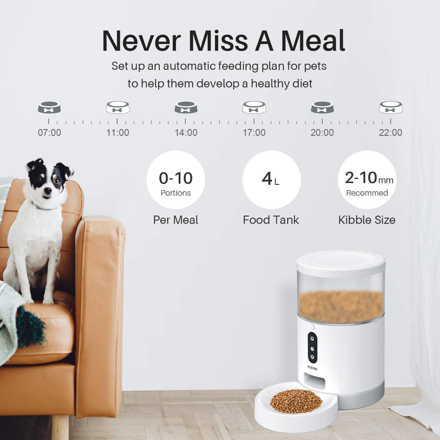 Peteme Automatic Cat Feeder, Smart Pet Feeder for Small Animals, Cat Food Dispenser for Dog with APP Cotrol, 2.4G Wi-Fi Enabled, Portion Control, 4L