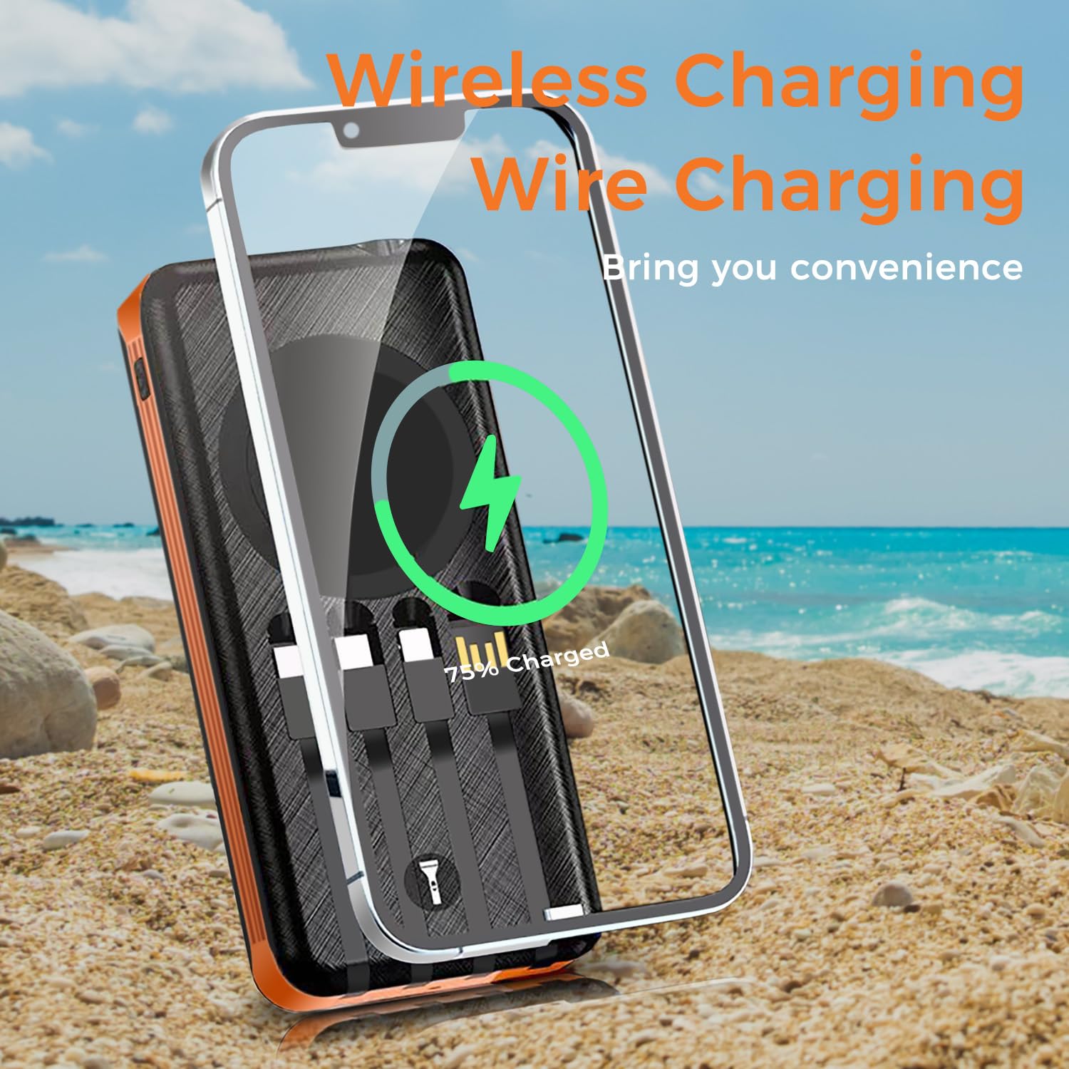 Outdoor Solar Portable Power Bank with Wireless Charging, Built-in Charging Cables, 10000mAh Battery, IP65 Waterproof, Dustproof, Digital Power Indicator, LED Flashlight, High Conversion Efficiency
