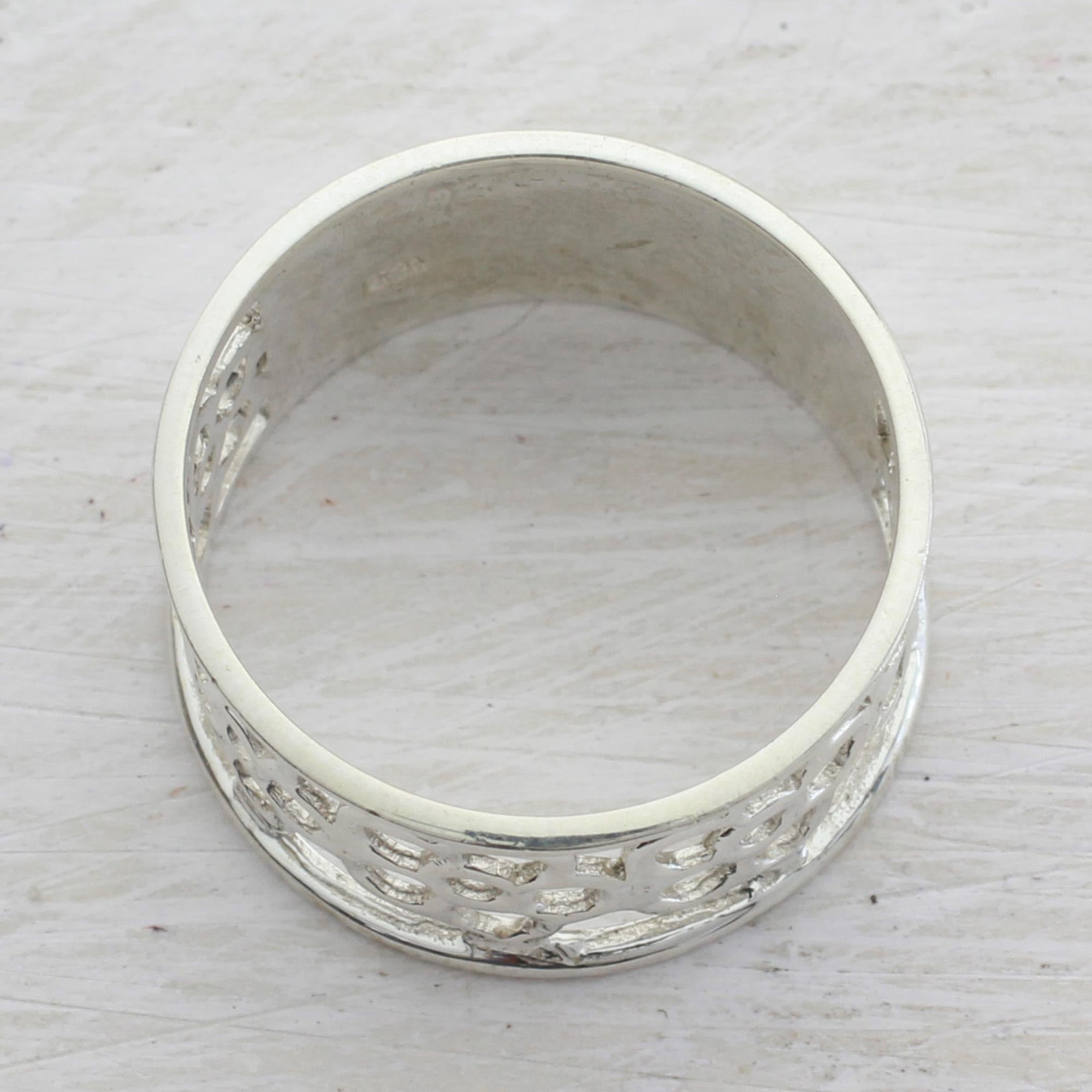 NOVICA Artisan Handmade Sterling Silver Band Ring Floral from India No Stone [band Width 10 mm W] ' Band of Flowers'