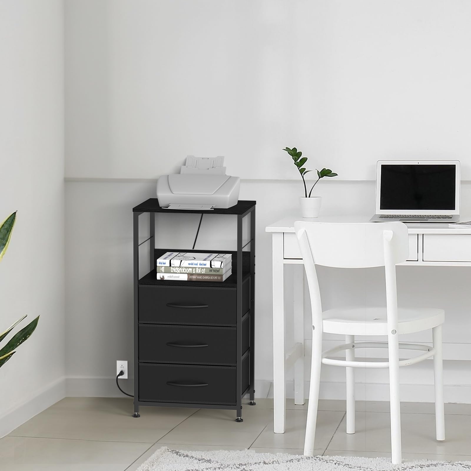 NOVIMANGO White Nightstand with Charging Station End Side Table with Drawer Tall Bedside Table with USB Ports & Outlets 3 Tier Tall Night Stand with Fabric Drawer for Living Room Dorm Office