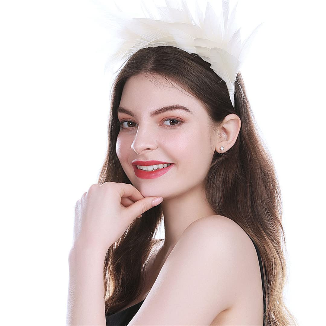 Vintage Feathers Headband 90S Female Headwear Solid Black Bridal Hair Accessories Feather Cocktail Hair Band White