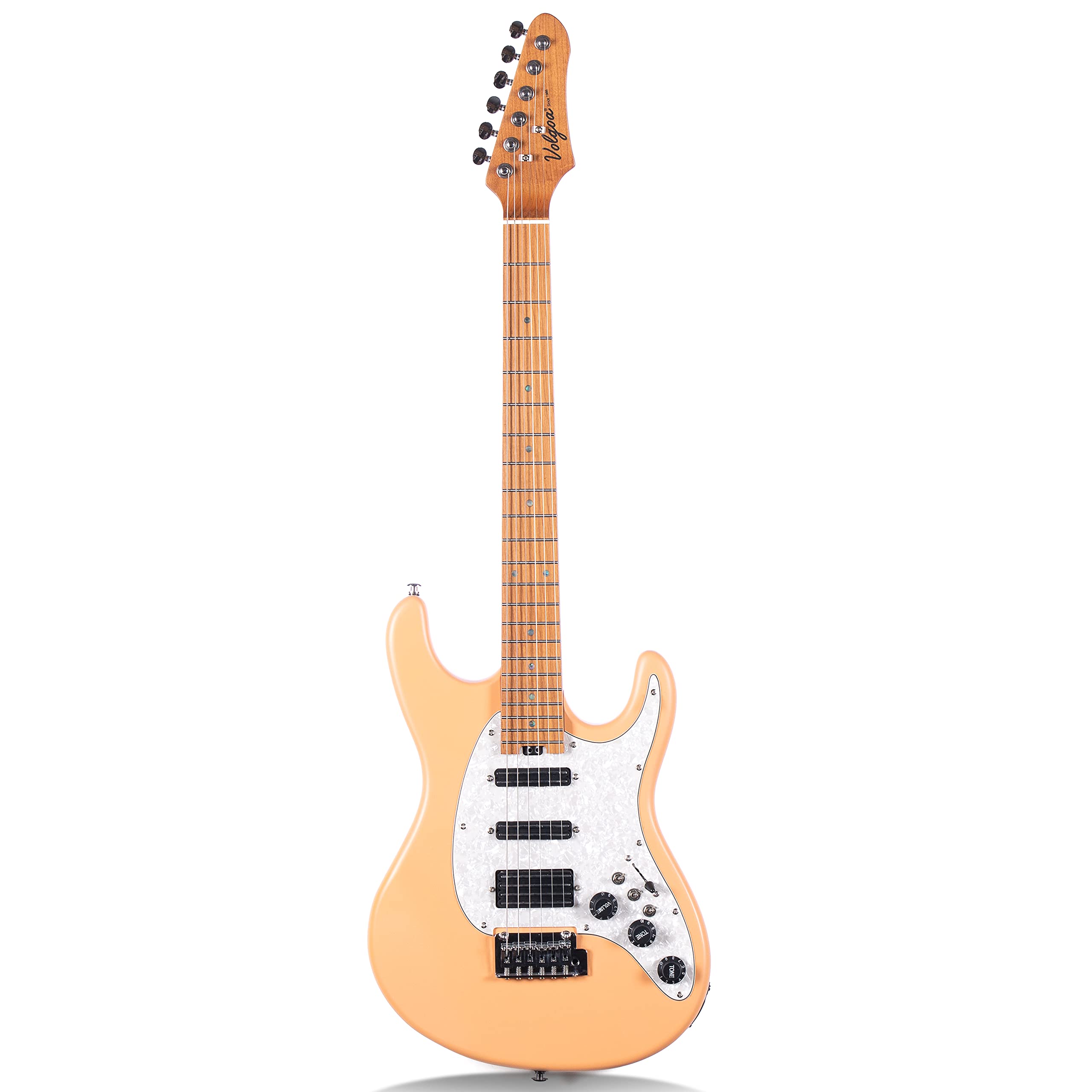 Volgoa VVS 6-String Solid Body Electric Guitar with Alder Body,Stainless Steel Frets,Featuring Tremolo System, with Plastic Pearl Pickguard and String Tree (Orange)