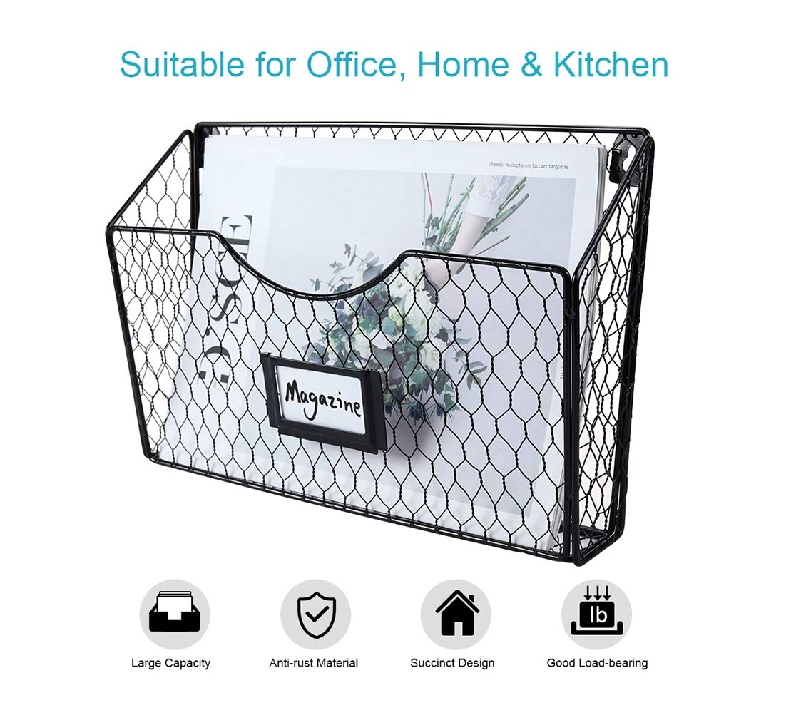 PAG 6 Pockets Hanging File Holder Wall Mount Mail Organizer Metal Chicken Wire Magazine Rack with Tag Slot, Black