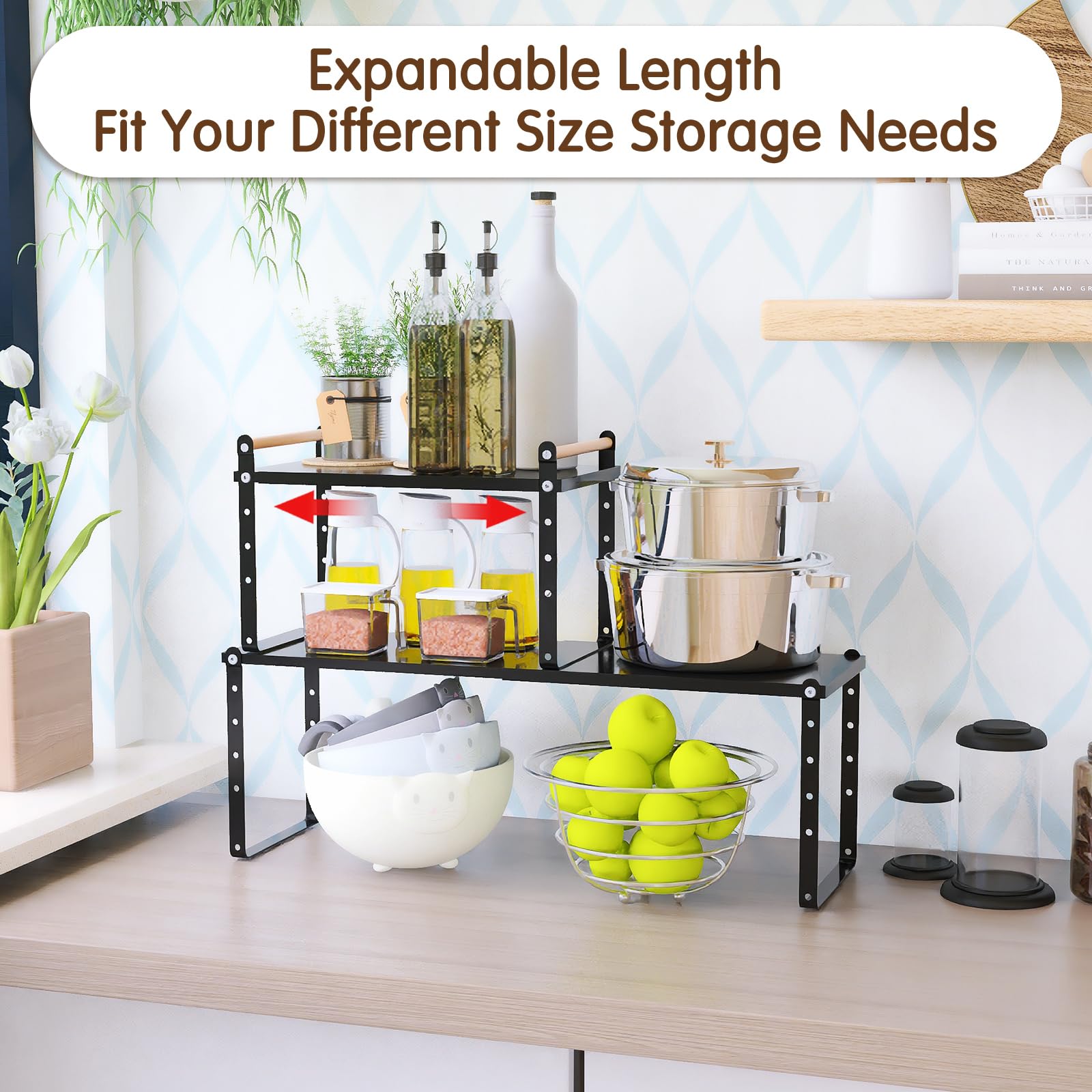 RUILALIFE Expandable Shelf Organizer for Kitchen Countertop,Adjustable Cabinet Shelf Organizers,Stackable Kitchen Counter Shelf Rack,Tiered Risers Shelves for Storage Pantry