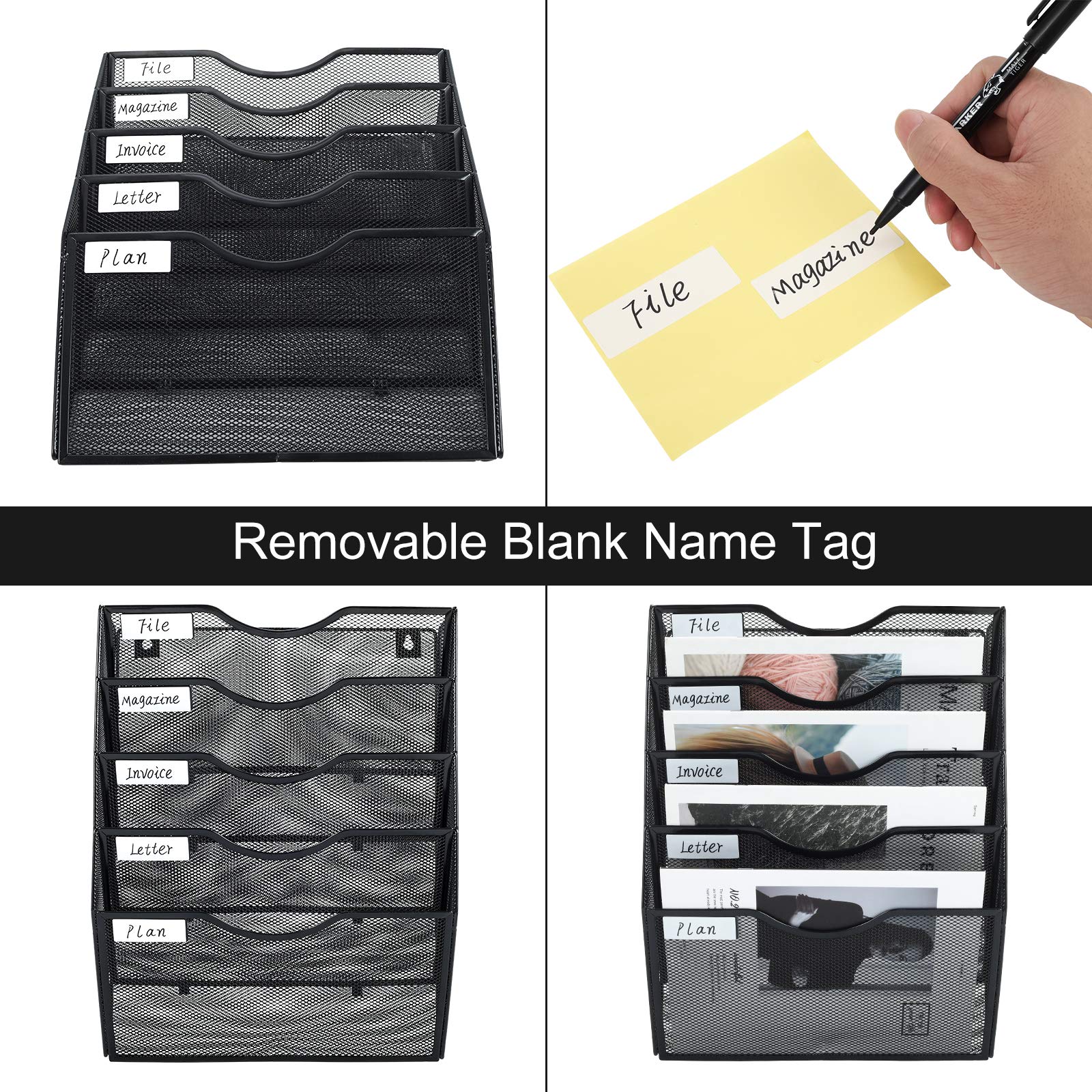 PAG Hanging Wall File Holder Mail Organizer Wall Mount Document Letter Rack, 5-Tier, Black