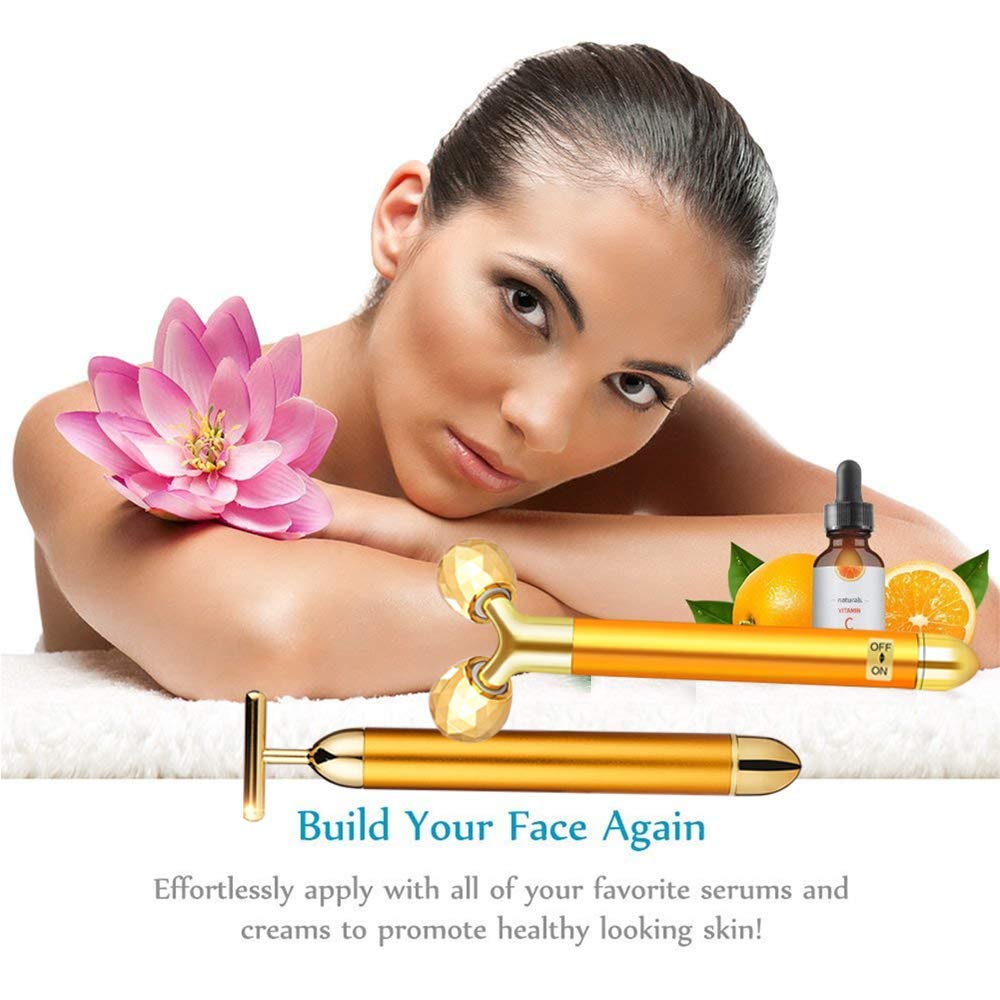 NUOMAN 2 in 1 Electric Face Massager Roller, Golden 3D Roller and T Shape Facial Roller Massager Kit