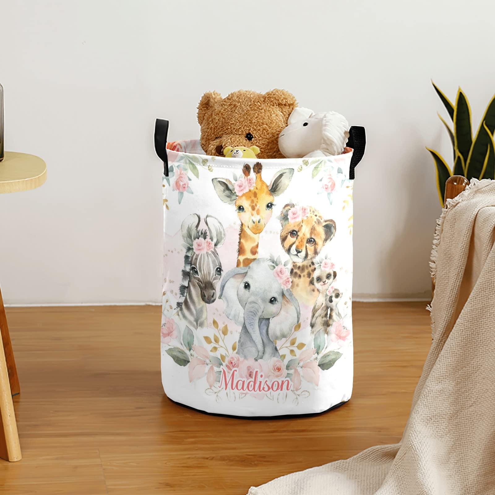 Safari Animals Floral Personalized Laundry Hamper,Custom Name Collapsible Waterproof Laundry Basket Storage Bins with Handle for Clothes,Toy,Nursery