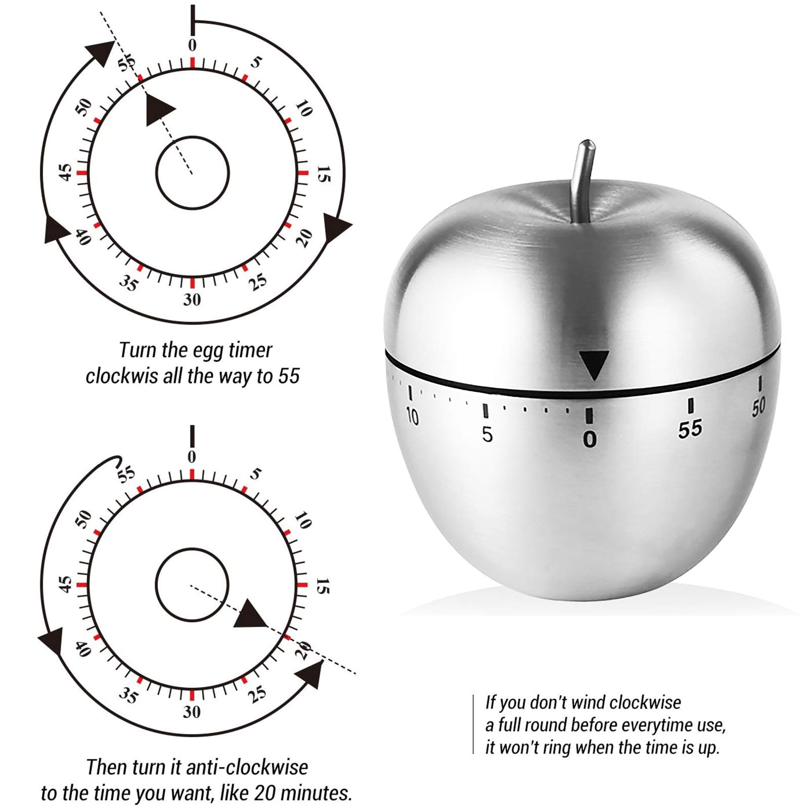 UD Apple Kitchen Timer Cute Manual, Stainless Steel Metal Mechanical Visual Countdown Cooking Timer with Loud Alarm for Kitchen Cooking Baking Sports Kids (Apple), A003