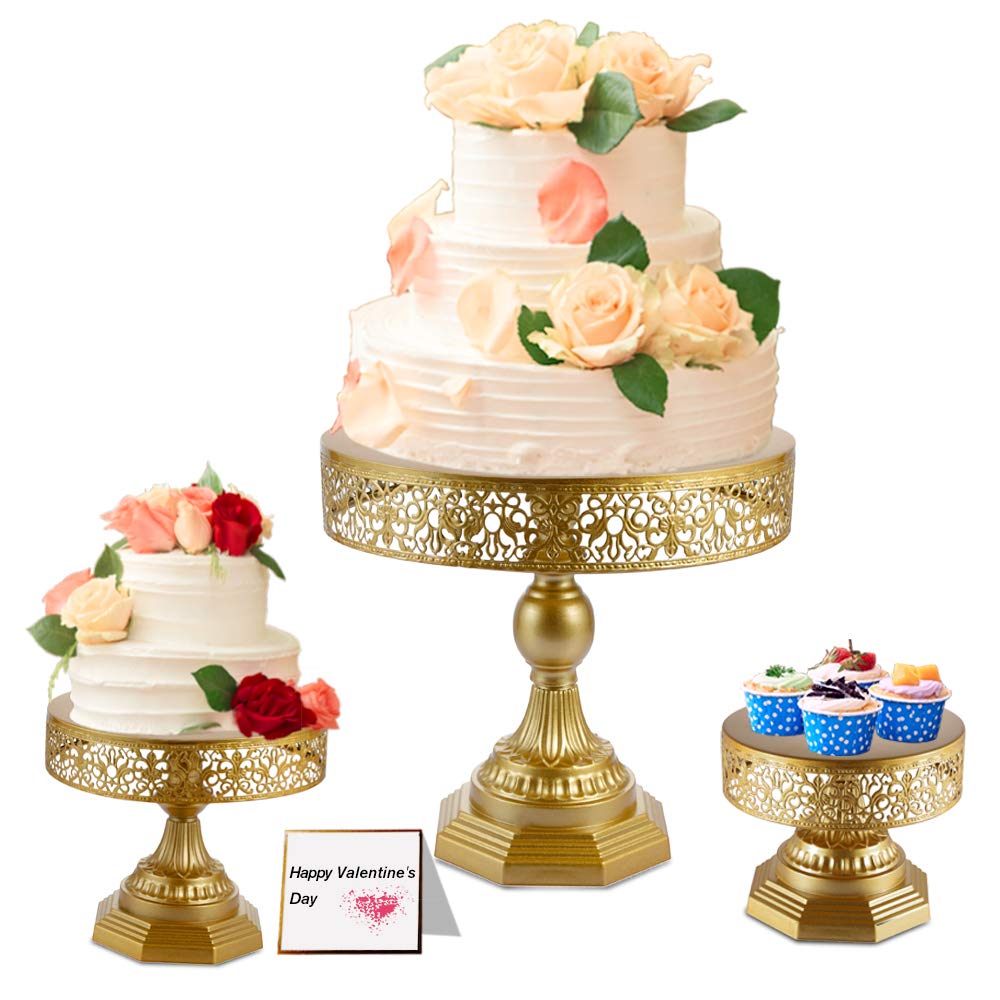 Weharnar Gold Cake Stand Set - 3 Pcs Metal Cake Stands for Dessert Table Round Antique Dessert Display Stands Trays Set for Wedding, Birthday, Bridal & Baby Shower