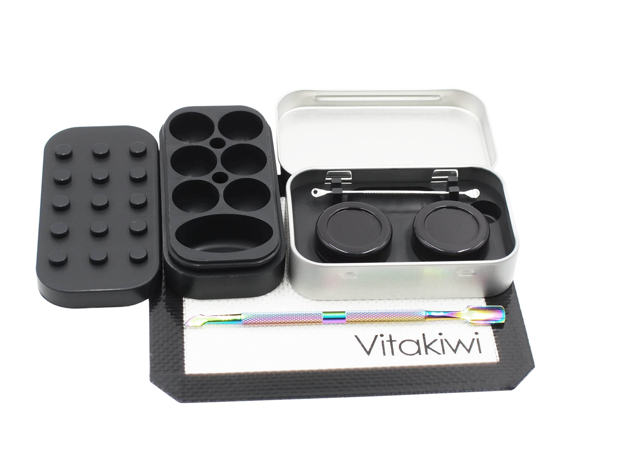 vitakiwi Silicone 5ml 34ml Multi Compartment Concentrate Containers Non-stick Jars + 4.8" Gold Carving Tool + 5.9"×4.9" Mat (Black)