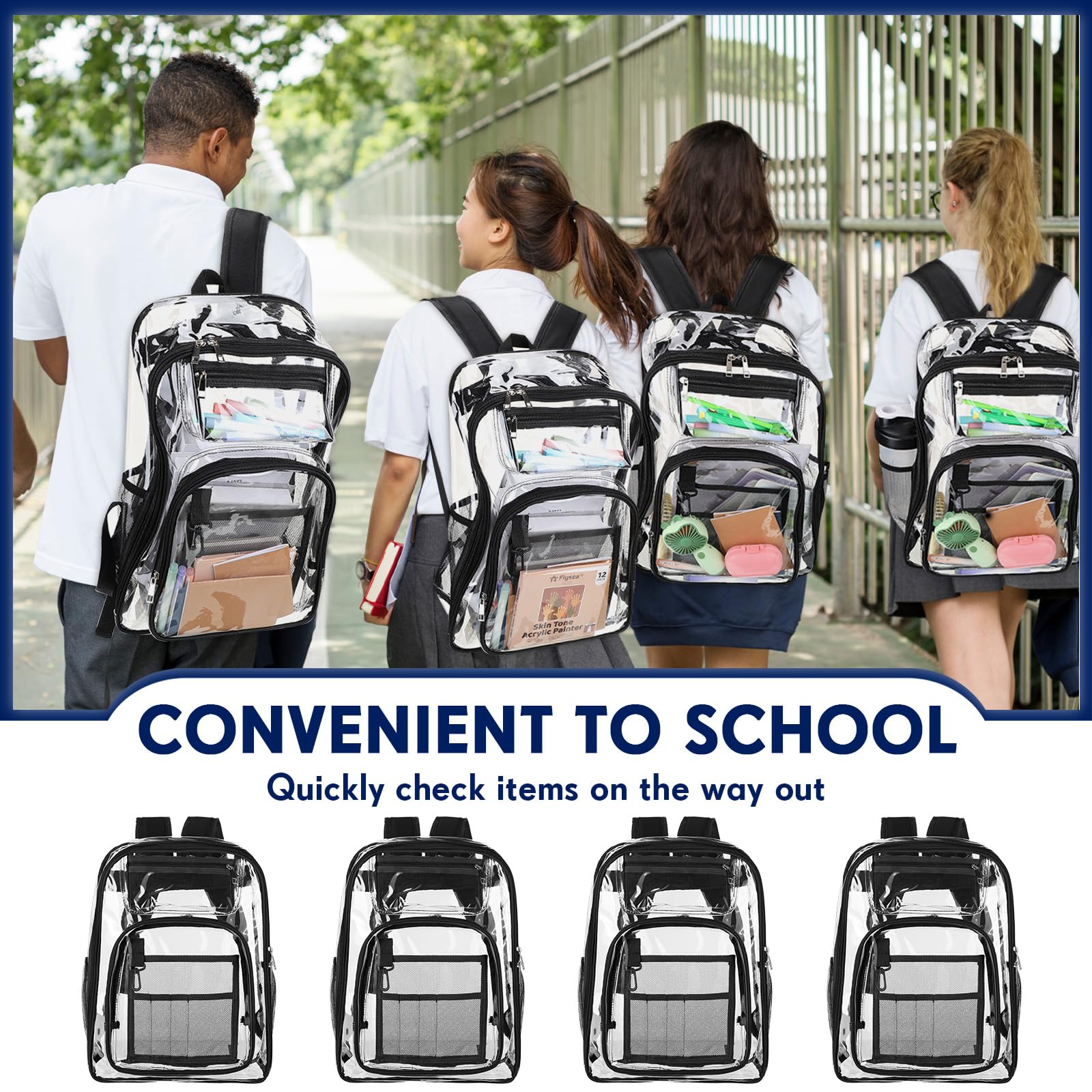 PerKoop 5 Pack Clear Backpack Bulk for Students Heavy Duty PVC Transparent School Bag See Through Bag for Women Men Kids (Black)