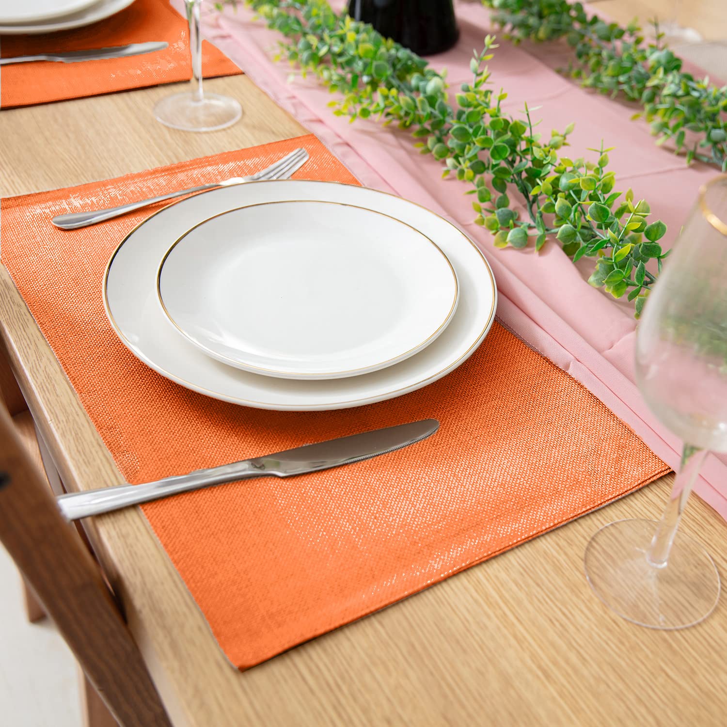Rinpon Cloth Placemats Set of 8, Linen Type Fabric Placemats Machine Washable Placemats Heat Resistant Placemats Wrinkle Free Thick Polyester Kitchen Place Mats for Dining Table (Orange)