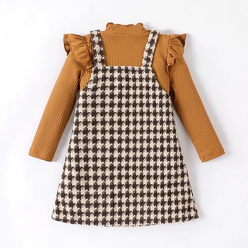 PATPAT Toddler Girl Ruffle Mock Neck Long Sleeve 2 Piece Houndstooth Spaghetti Strap Winter Fall Dress Brown 3 Years