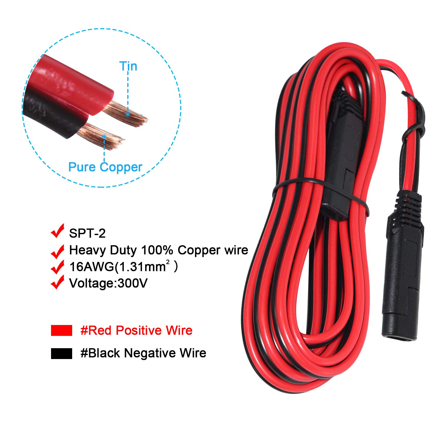 SPARKING 20FT SAE Extension Cable 16AWG- SAE to SAE Extension Cord 20FT, SAE 2Pin Bullet Quick Connect 16awg Heavy Duty Wire Harness with Waterproof Cap