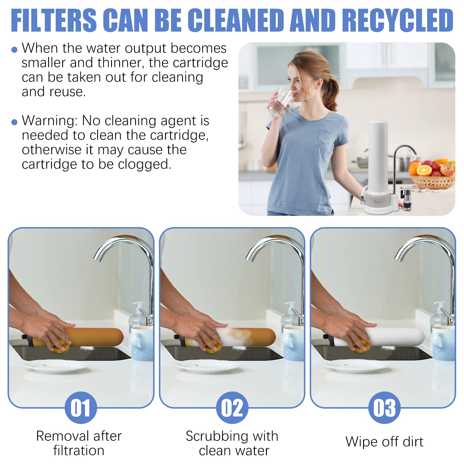 RUN.SE Countertop Water Filter System, Easy Install Water puriter, Sink Water Faucet, Alkaline Material Filter Machine (1 Filter Included)